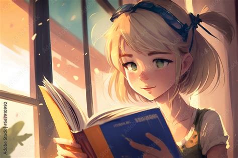 Illustration Of Happy Girl Reading A Book Japanese Anime Or Manga
