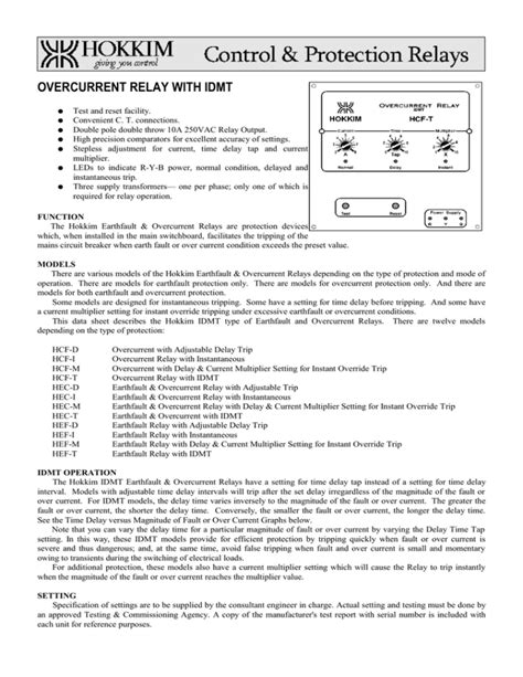 Hokkim Idmt Overcurrent Relay Data Sheet