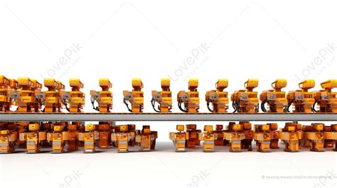 업계 자동화 개념을 나타내는 로봇 조립 라인의 흰색 배경 3d 렌더링 흰색 라인 배경 자동 배경 생산 라인 배경 이미지 Hd 흰색 라인 자동 인공 지능 로봇 배경