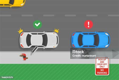 승객 픽업 및 하차 구역 주차 금지 표지판 캐릭터는 조수석 뒷문에서 차에서 내립니다 차에 대한 스톡 벡터 아트 및 기타 이미지 Istock