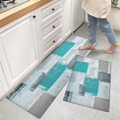 Teal Abstract Painting Turquoise Grey Kitchen Mats For Floor Cushioned
