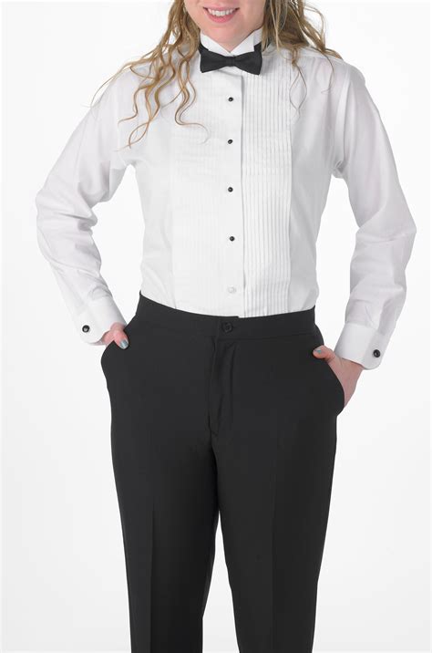 Womens White Wing Tip Collar Long Sleeve Tuxedo Shirt With ¼″ Pleat