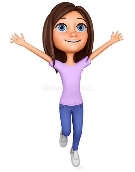 Cartoon Character Girl Happily Jumping Up 3d Rendering Illustration