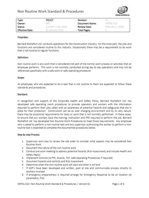 Non Routine Work Policy Pdf Personal Protective Equipment Occupational Safety And Health Non Routine Work Policy Pdf Personal Protective Equipment Occupational Safety And Health