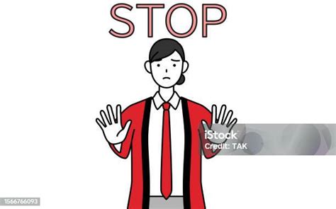 빨간 해피 코트를 입고 몸 앞으로 손을 내밀고 정지 신호를 보내는 여성 거절에 대한 스톡 벡터 아트 및 기타 이미지 거절