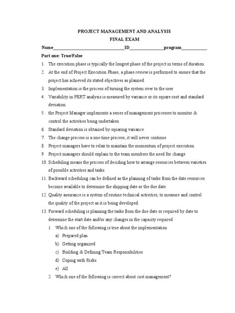 Project Management Final Exam Pdf Project Management Evaluation