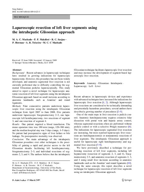 Pdf Laparoscopic Resection Of Left Liver Segments Using The Intrahepatic Glissonian Approach