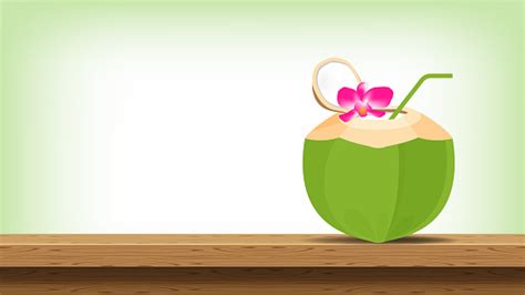 나무 테이블에 깃털 꽃 신선한 코코넛 주스 건강한 메뉴 과일 주스 코코넛 여름 과일 개념에 대한 코코넛 녹색 젊은 반 컷 나무 판자 복사 공간에 클립 아트 녹색 코코넛 육즙