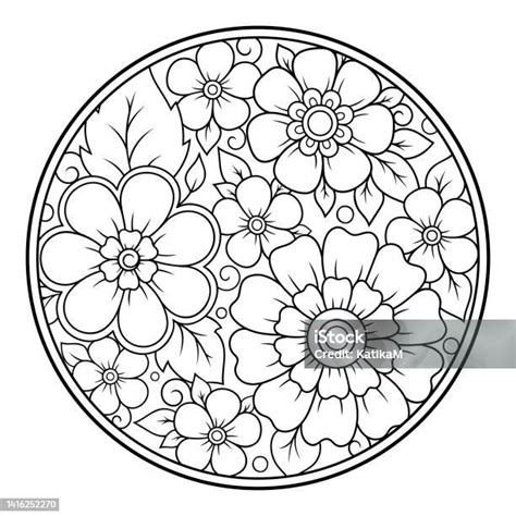 색칠 공부 책 페이지에 대한 멘디 스타일의 둥근 꽃 패턴을 윤곽 성인과 어린이를위한 안티 스트레스 흑백의 낙서 장식 손 그리기 벡터 그림 강렬하고 밝은 색상에 대한 스톡