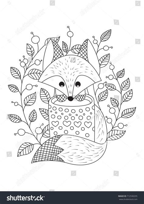 ระบุไว้ Doodle ป้องกันความเครียดระบายสีหน้าหนังสือสุนัขจิ้งจอกน่ารักกับถ้วยชาหน้าสมุดระบายสี