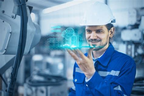 Engineer Male Exciting With Modern Hologram Display Device Showing Engineering Product Model