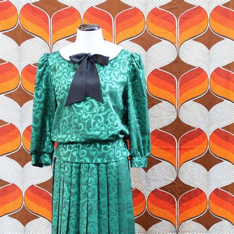 Vintage 1980s Secretary Dress Green And Black Blouson With Image 2