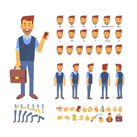 다양한 헤어스타일 감정 립싱크 및 제스처를 사용한 애니메이션용 비즈니스 맨 프리미엄 벡터