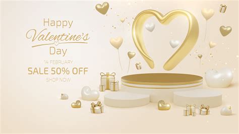 발렌타인 데이 세일 배너 템플릿으로 3d 하트 모양 요소와 제품 디스플레이 및 조명 효과 장식 및 보케를 위한 연단이 있습니다 럭셔리 배경 개념입니다 벡터 그림입니다 2월에