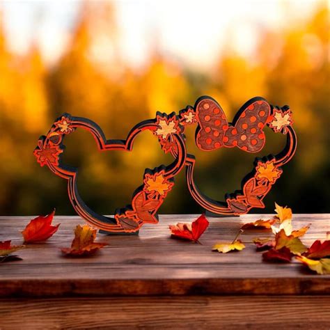 Mickey And Minnie Mouse Fall Maple Leaf Wooden Silhouette Thanksgiving