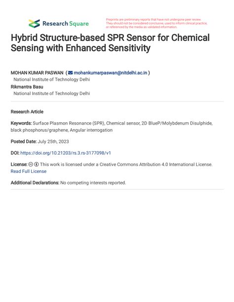 PDF Hybrid Structure Based SPR Sensor For Chemical Sensing With
