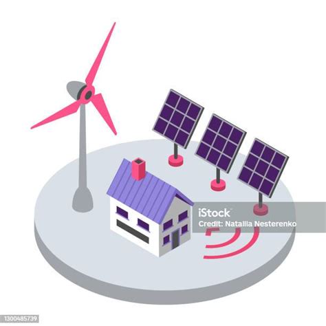 재생 에너지 등색 벡터 일러스트레이션 친환경 전기 공급원 흰색 배경에 격리 된 스마트 홈 태양 전지 패널 및 풍차 무선 원격 제어 3d 개념 등측투영법에 대한 스톡 벡터