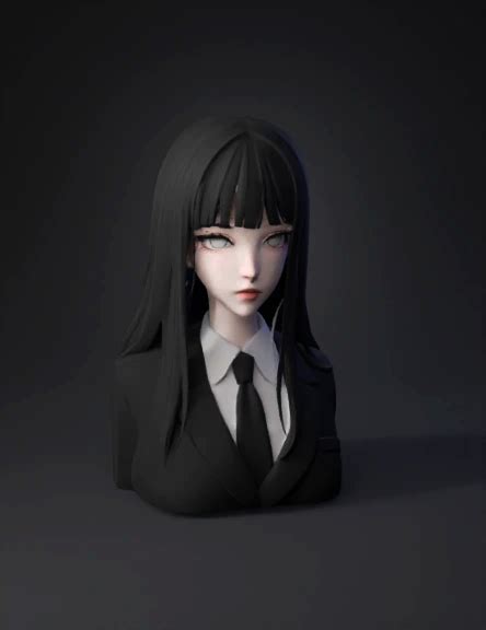 3d Model Anime Girl In A Black Suit And Tie With Long Dark Hair In A