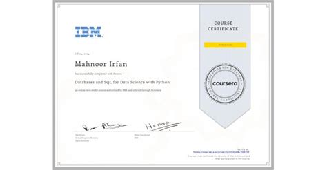 Mahnoor Irfan On Linkedin Completion Certificate For Databases And Sql For Data Science With Python