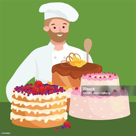 케이크 만드는 사람 조리사 셰프리 말풍선이 있는 문자가 케이크 벡터 일러스트 설정 가정 주방에 대한 스톡 벡터 아트 및 기타 이미지 가정 주방 가정의 방 기술