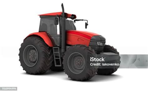 빨간색 농업 휠 트랙 터 흰색 배경에 고립입니다 전면 측면 보기 관점 아이 레벨 3d 렌더링 3차원 형태에 대한 스톡 사진 및