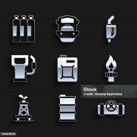 모터 오일 배럴 금속 파이프 및 밸브 화재 주유소 가솔린 펌프 노즐 및 산업용 실린더 탱크 아이콘이있는 오일 장비용 캐니스터 를 설정합니다 벡터 0명에 대한 스톡 벡터 아트