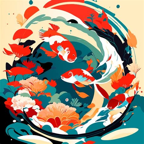 Abstract Reinterpretation Of A Japanese Koi Pond Using Watercolor And Ink Vector Illustration