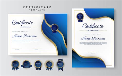 고급 배지와 현대적인 라인 패턴이있는 업적 국경 템플릿의 파란색과 금색 인증서 수상 비즈니스 및 교육 요구 사항 감탄에 대한 스톡 벡터 아트 및 기타 이미지 Istock