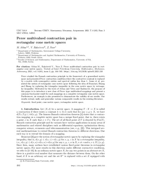 Pdf Perov Multivalued Contraction Pair In Rectangular Cone Metric Spaces