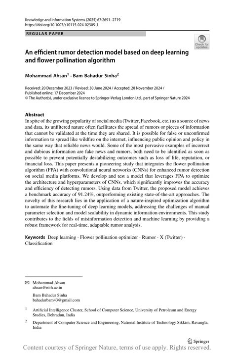 An Efficient Rumor Detection Model Based On Deep Learning And Flower Pollination Algorithm