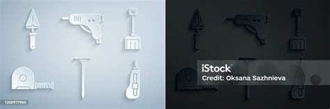 세트 금속 손톱 눈 삽 룰렛 구조 문구 칼 전기 뜨거운 접착제 총과 트로엘 아이콘 벡터 3차원 형태에 대한 스톡 벡터 아트 및 기타 이미지 Istock