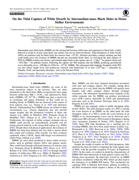 Pdf On The Tidal Capture Of White Dwarfs By Intermediate Mass Black Holes In Dense Stellar