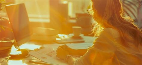 Premium Photo A Woman Is Sitting At A Desk With A Computer Monitor And A Notebook