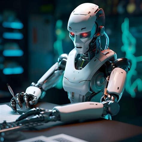 Premium Ai Image Robot Humanoid Working With Computer In Office 3d