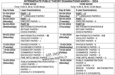 AP Inter Time Table March 2024 GSR INFO AP Teachers