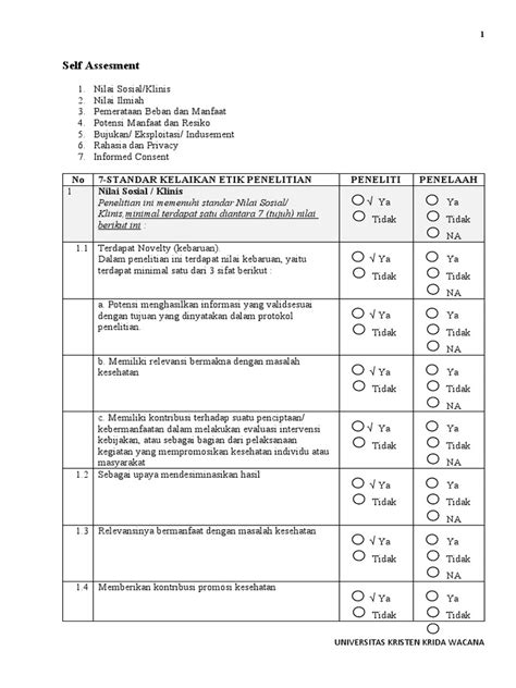 Self Assesment No 7 Standar Kelaikan Etik Penelitian Peneliti Penelaah