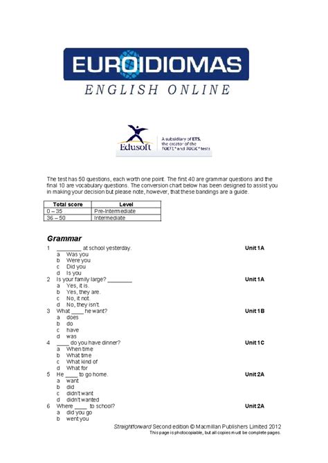Pre Int Int Placement Test The Test Has 50 Questions Each Worth One Point The First 40 Are