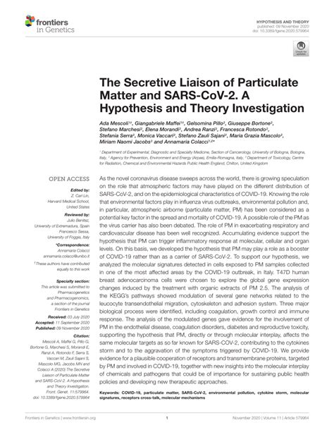 Pdf Hypothesis And Theory The Secretive Liaison Of Particulate Matter And Sars Cov 2 A