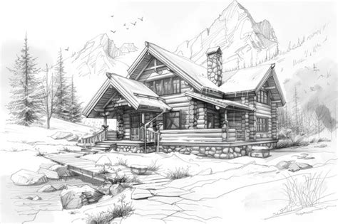 A Drawing Of A Log Cabin In The Mountains Premium AI Generated Image