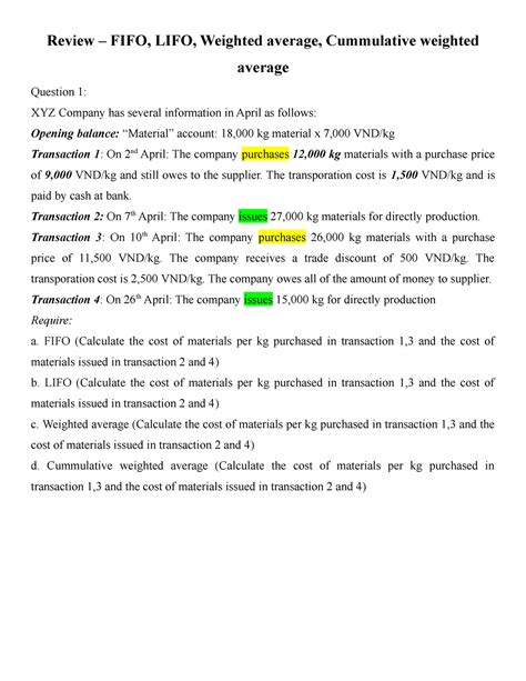 Review Chapter 4 Fifo Lifo Wacwa Date 17 12 2021 Review Fifo Lifo Weighted Average