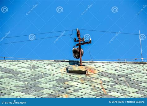 Power Lines On The Roof Of The House Stock Image Image Of Lines Blue