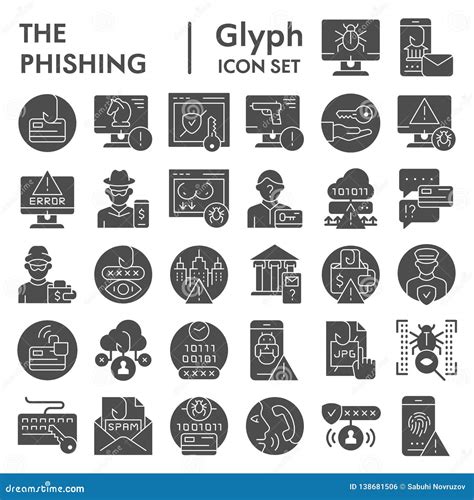 Phishing Glyph Icon Set Cyber Crime Symbols Collection Vector Sketches Logo Illustrations