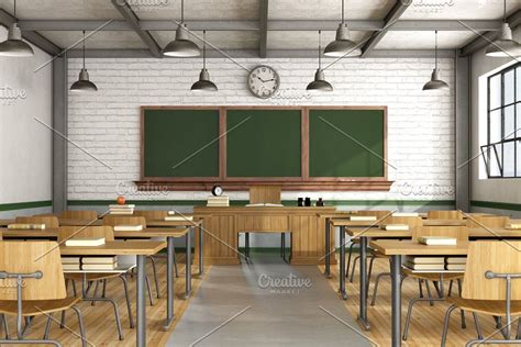Empty Retro Classroom With Blackboards