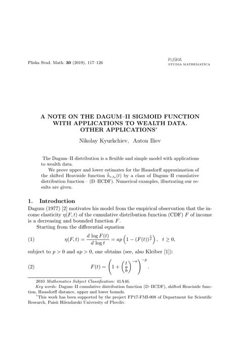 Pdf A Note On The Dagum Ii Sigmoid Function With Applications To Wealth Data Other Applications