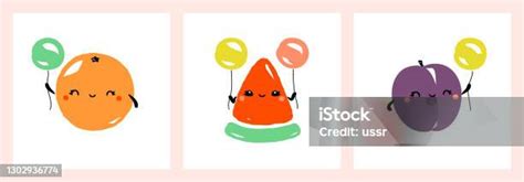 오렌지 수박 매화의 가와이문자 여러 가지 빛깔의 풍선 귀여운 행복 과일 인사말 카드 직물 인쇄 또는 포스터에 대한 벡터 일러스트레이션 0명에 대한 스톡 벡터 아트 및 기타