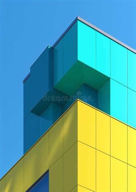 Modern Architectural Structure With Bold Yellow And Blue Geometric Patterns On Clear Day Stock