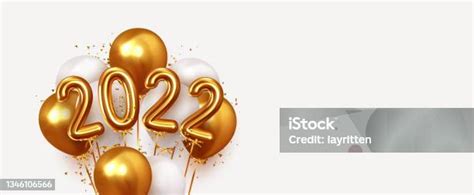 새해 복 많은 2022 사실적인 금과 흰색 풍선 배경 디자인 금속 번호 날짜 2021 및 리본에 헬륨 발롱 반짝이 밝은 색종이 2022년에 대한 스톡 벡터 아트 및 기타