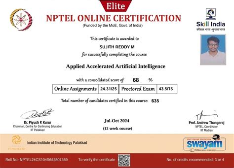 Completed The Applied Accelerated Artificial Intelligence Course From Nptel Earning An Elite