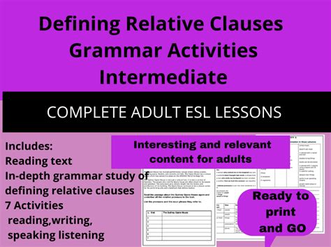 Adult Esl Grammar Relative Clauses Defining Teaching Resources