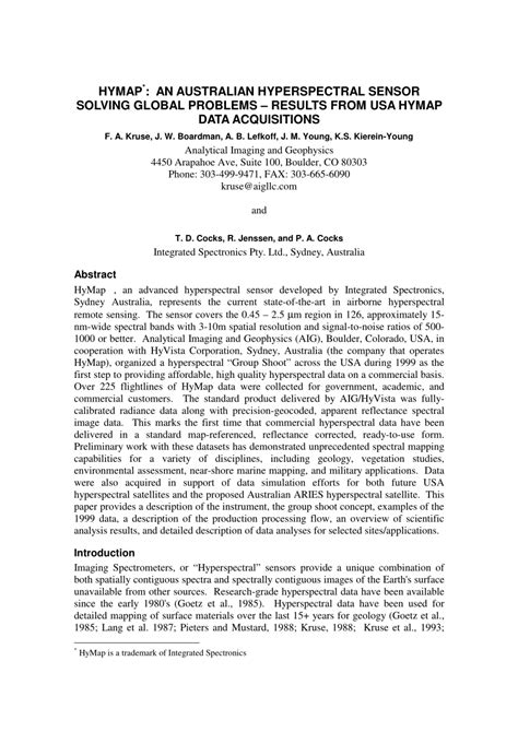 Pdf Hymap An Australian Hyperspectral Sensor Solving Global Problems Results From Usa Hymap
